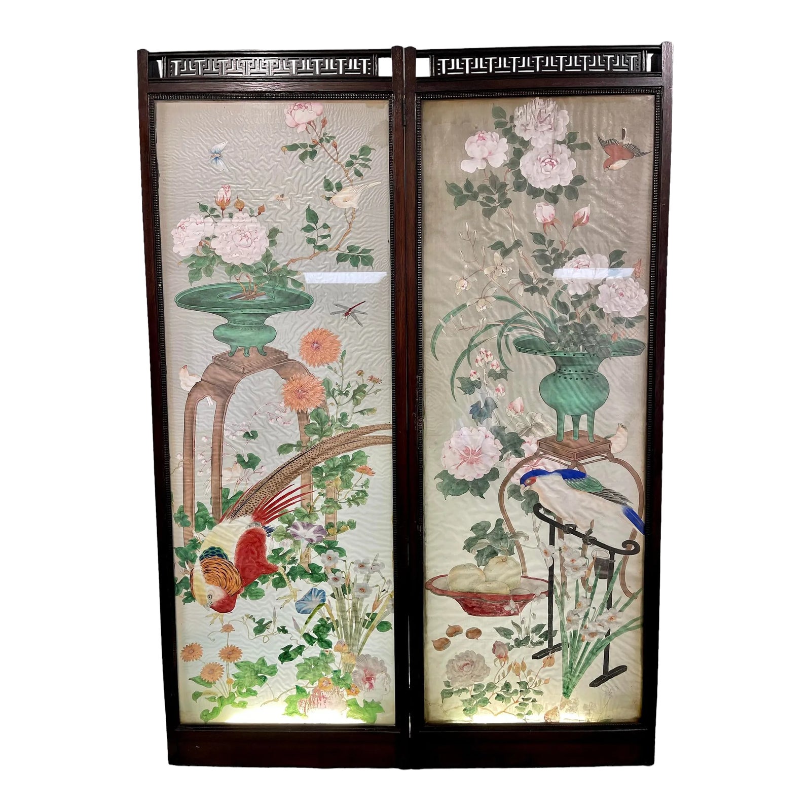 Antique Chinese Watercolor Painting on Glass Panels with Lights | Chairish