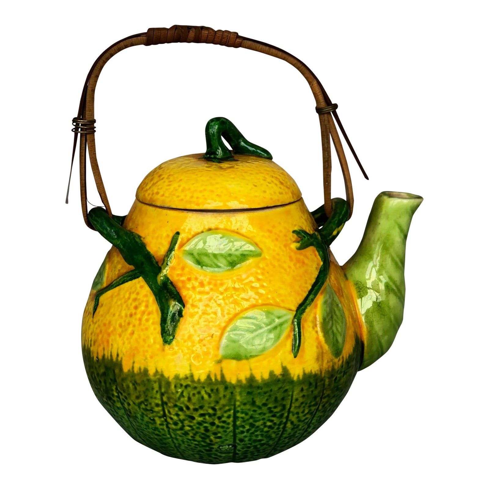 Decorative Ceramic Melon Fruit Teapot With Bamboo Handle | Chairish