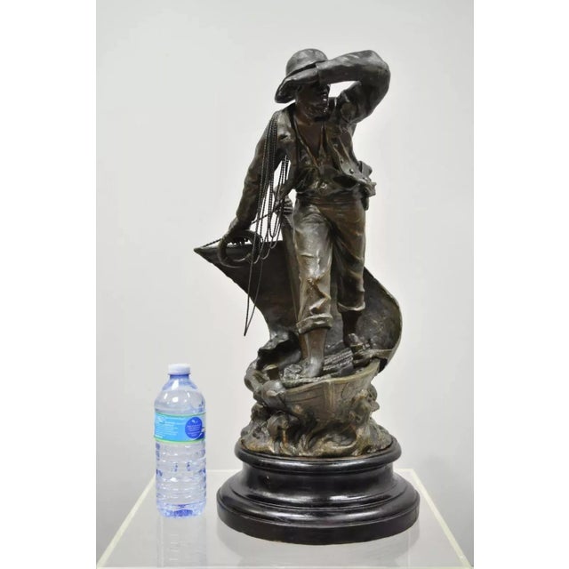 Antique French Spelter Metal Sailor Watchman on Ship Wooden Base, Made ...