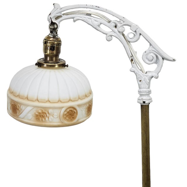 Bridge Arm Lamp Metal Glass W/ Lamp Shade Floral Design | Chairish