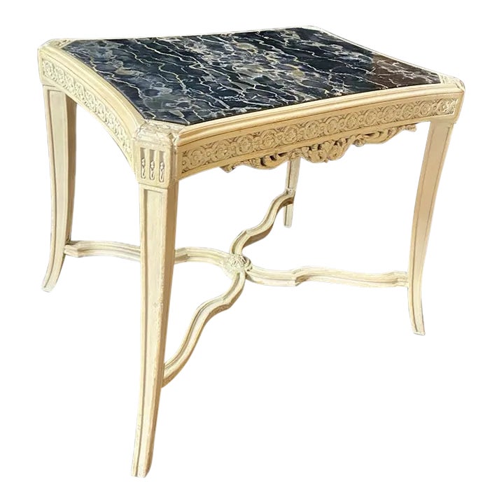 Antique White Marble Top Table With Carved Wood Detail | Chairish