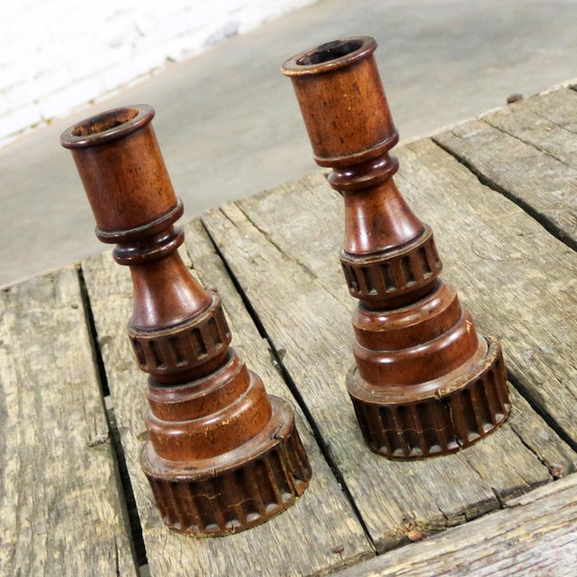 Pair Vintage Turned Wood and Composite Candle Holders | Chairish