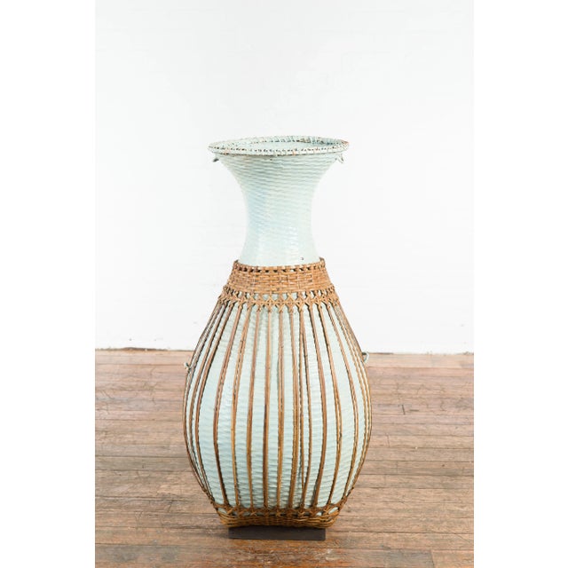 Large Vintage Chinese Woven Rattan Basket of Teal and Natural Color on ...