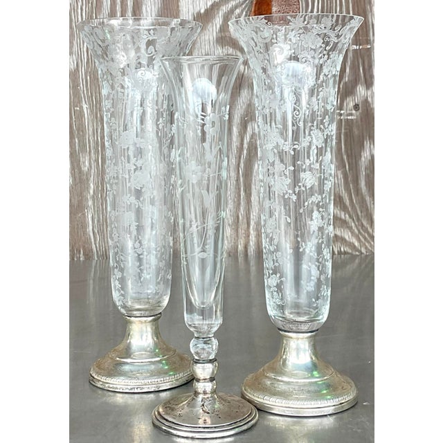 Vintage Regency Sterling Silver and Etched Glass Vases - Set of 3 ...