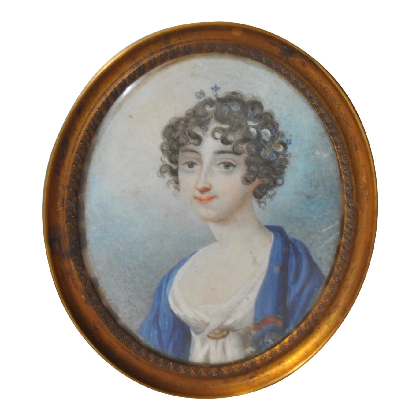 19th C. Portrait Miniature Young Woman With Flowers in Her Hair | Chairish