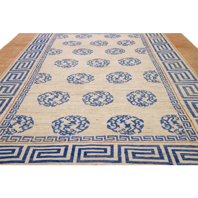 Modern Handmade Blue Greek Key Pattern Beige Oversize Wool Rug | Chairish
