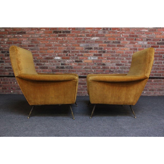 Vintage Italian Ochre Cotton Velvet and Brass Lounge Chairs | Chairish