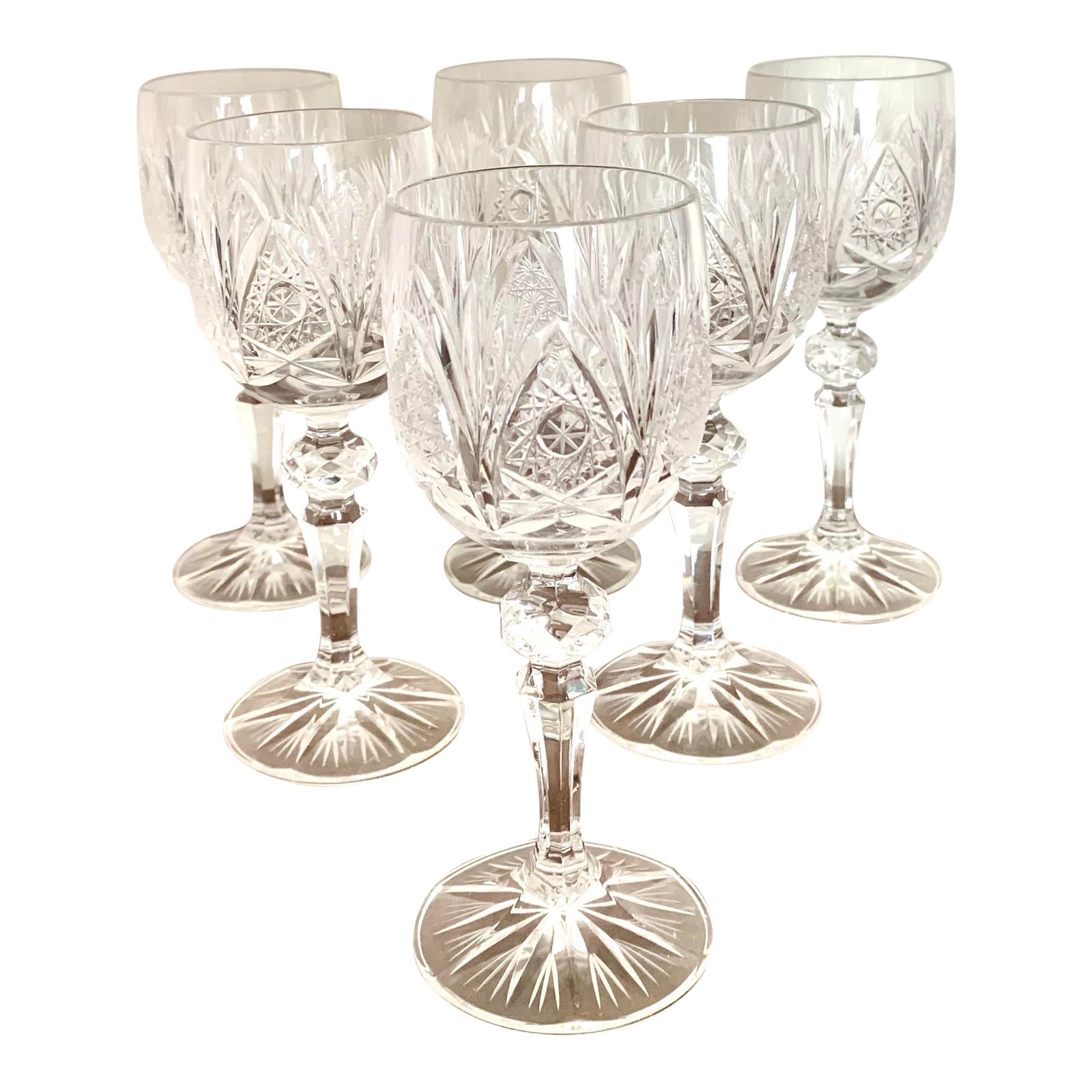 Vintage Czech Micro Cut Clear Crystal White Wine Glasses - Set of 6 ...