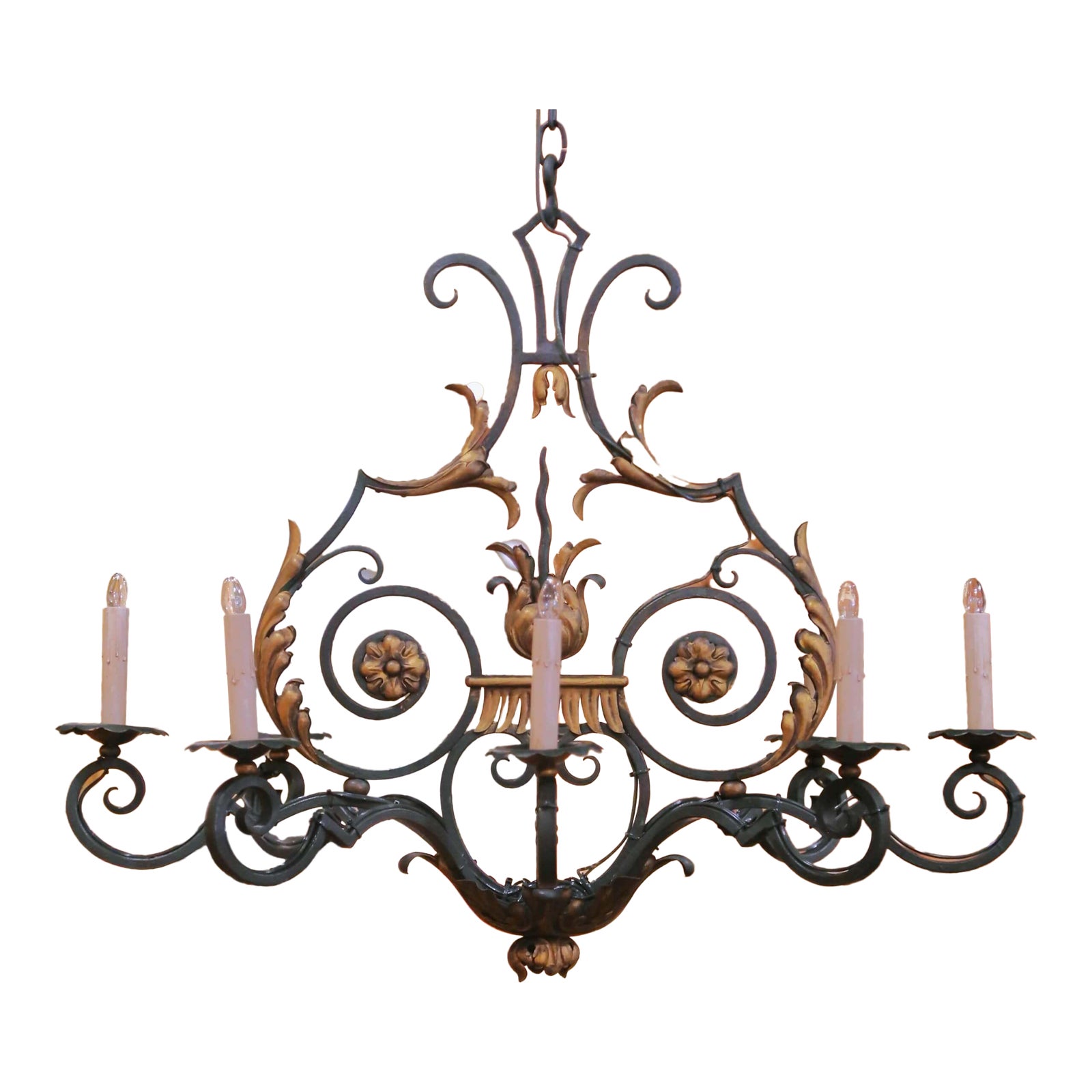 Early 20th Century French Louis XV Verdigris and Gilt Iron 8-Light ...
