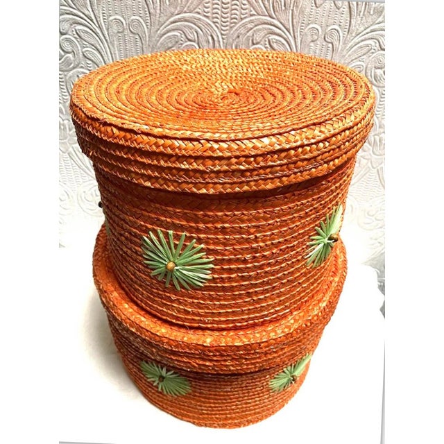 1960s Mid Century Set of 2 Woven Basketweave Embroidered Orange Hat ...
