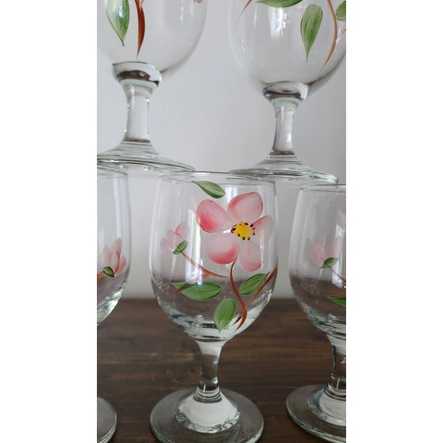 Hand Painted Pink Rose Motif Wine/Water Goblets-Set of 12 | Chairish