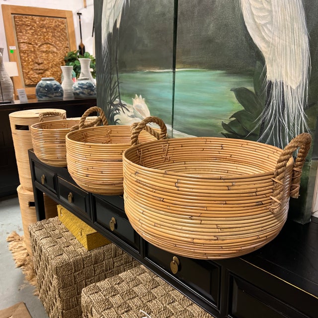 Set of 3 Pencil Reed Rattan and Rope Bowls | Chairish