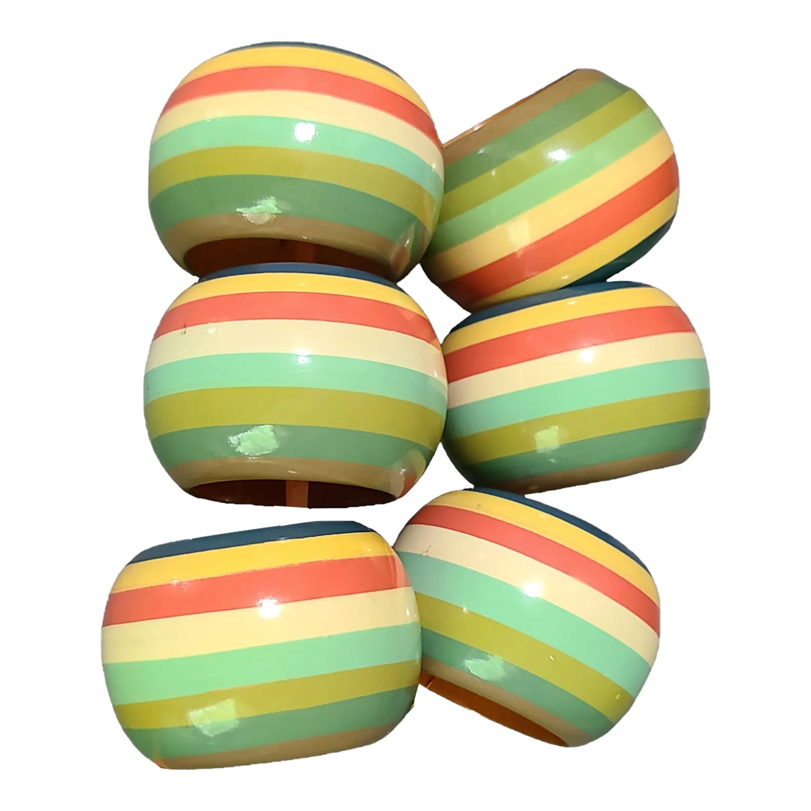 Vintage Set of 6 Colorful Wood Striped Napkins Rings | Chairish