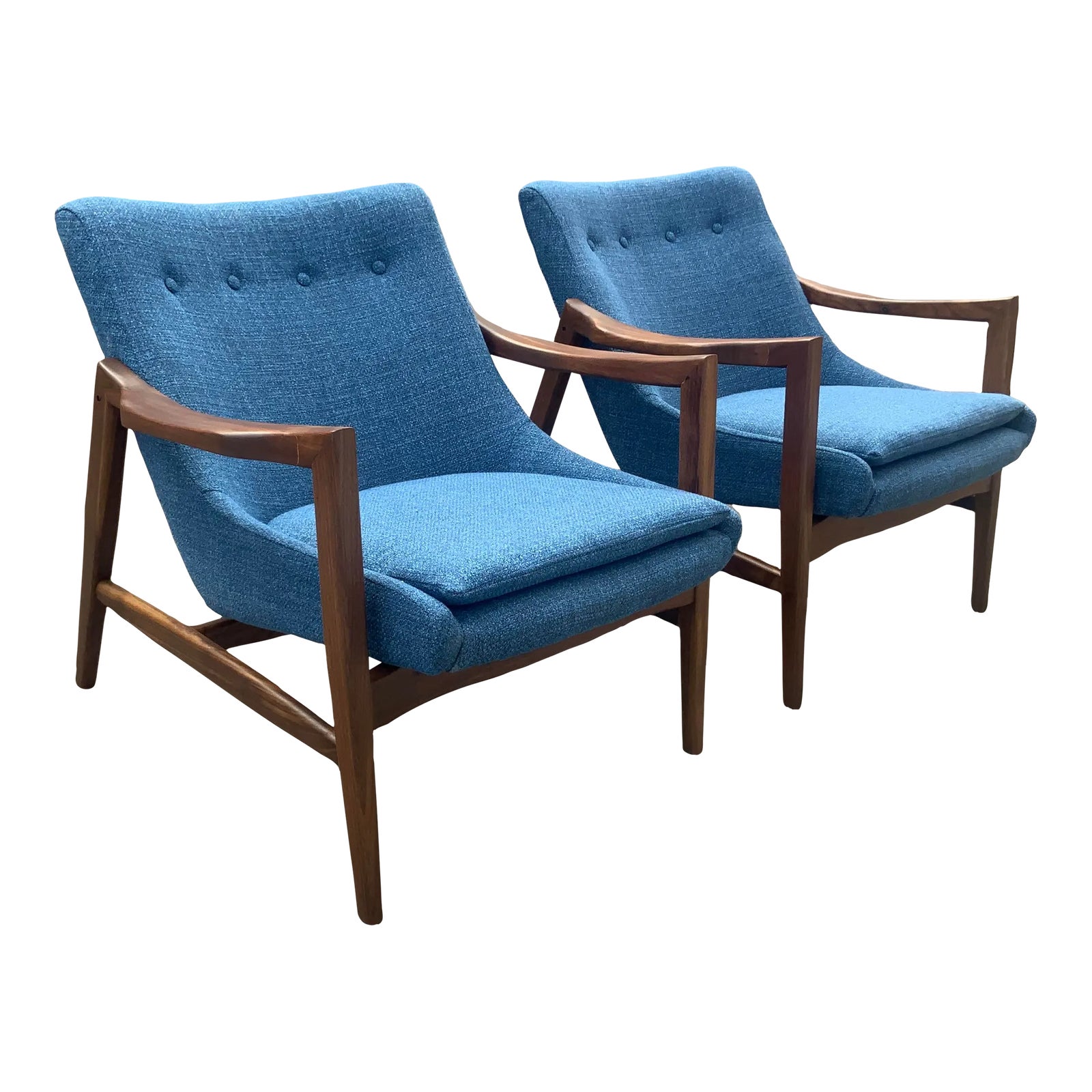 Modern Mid Century Style Lounge Chairs Solid Walnut Frames/Blue ...