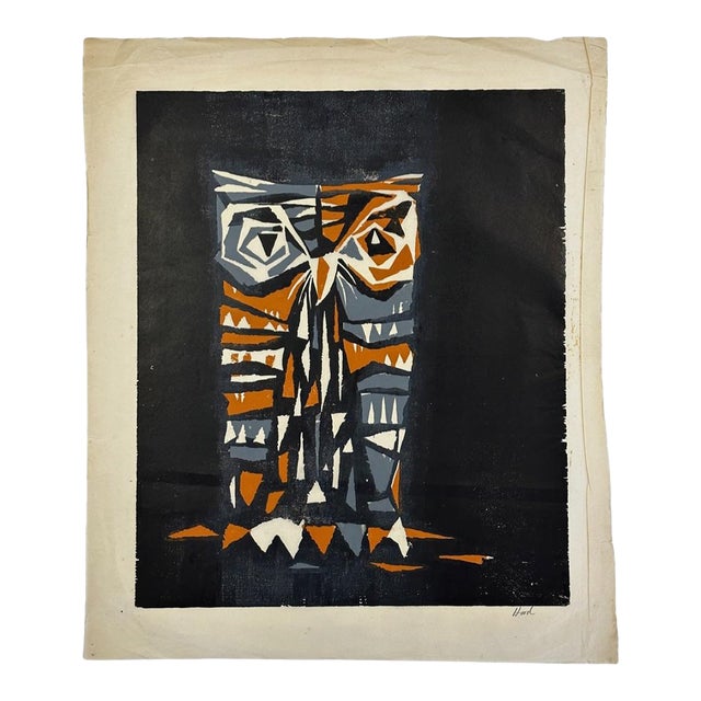 Richard Hood - Abstract Modernist Owl Woodcut, Signed (C. 1965, Rice ...
