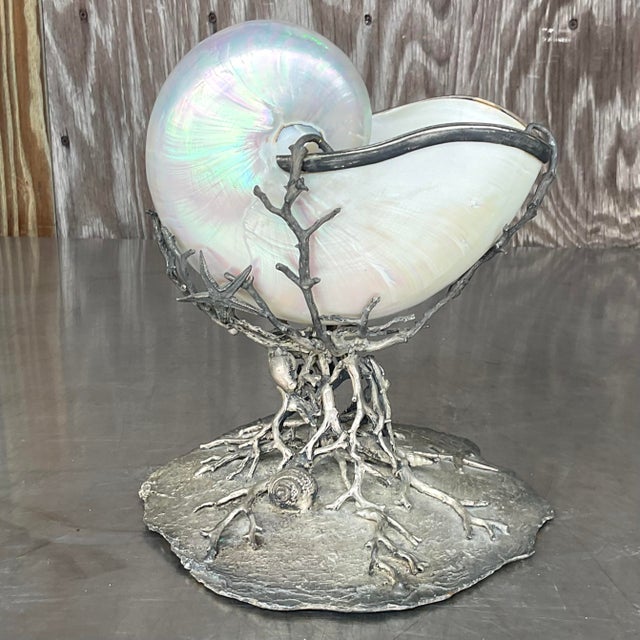 Vintage Coastal Nautilus Shell in Metal Faux Bois Cradle | Chairish