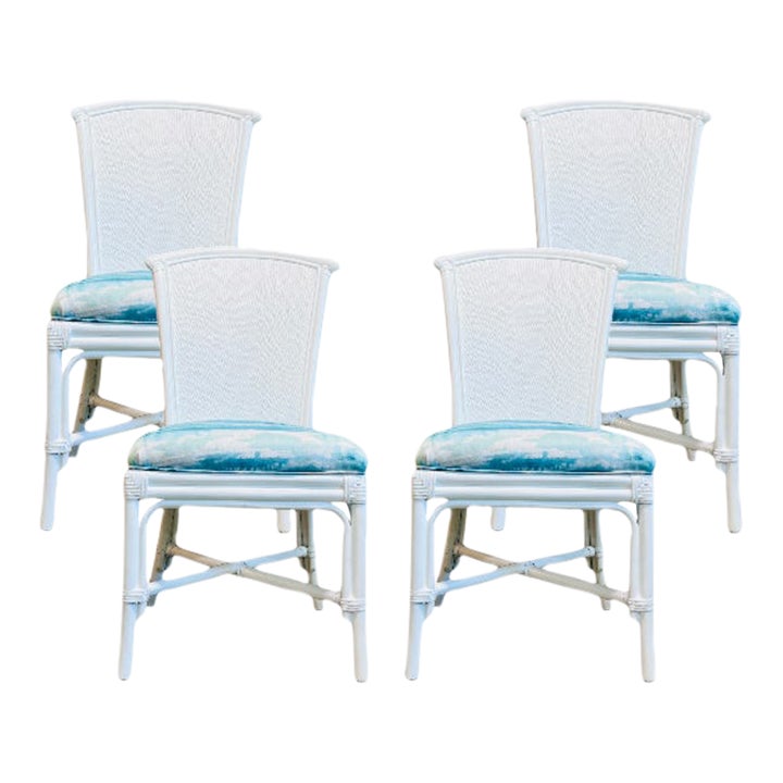 4 White Woven Back Dining Chairs With Watercolor Fabric | Chairish