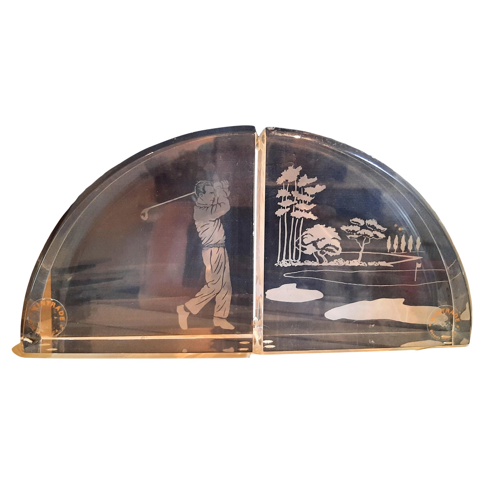 Lucite Golfer Bookends Beverly Hills California | Chairish