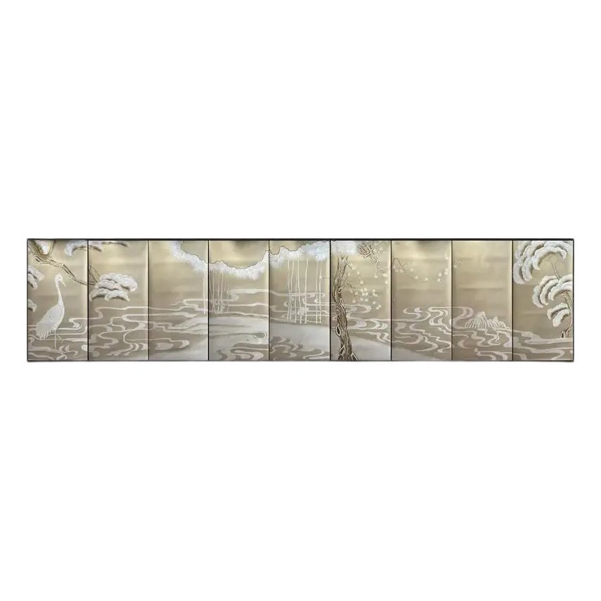 Bamboo River Blossom Mural Hand Painted Wallpaper - 9 Panels | Chairish