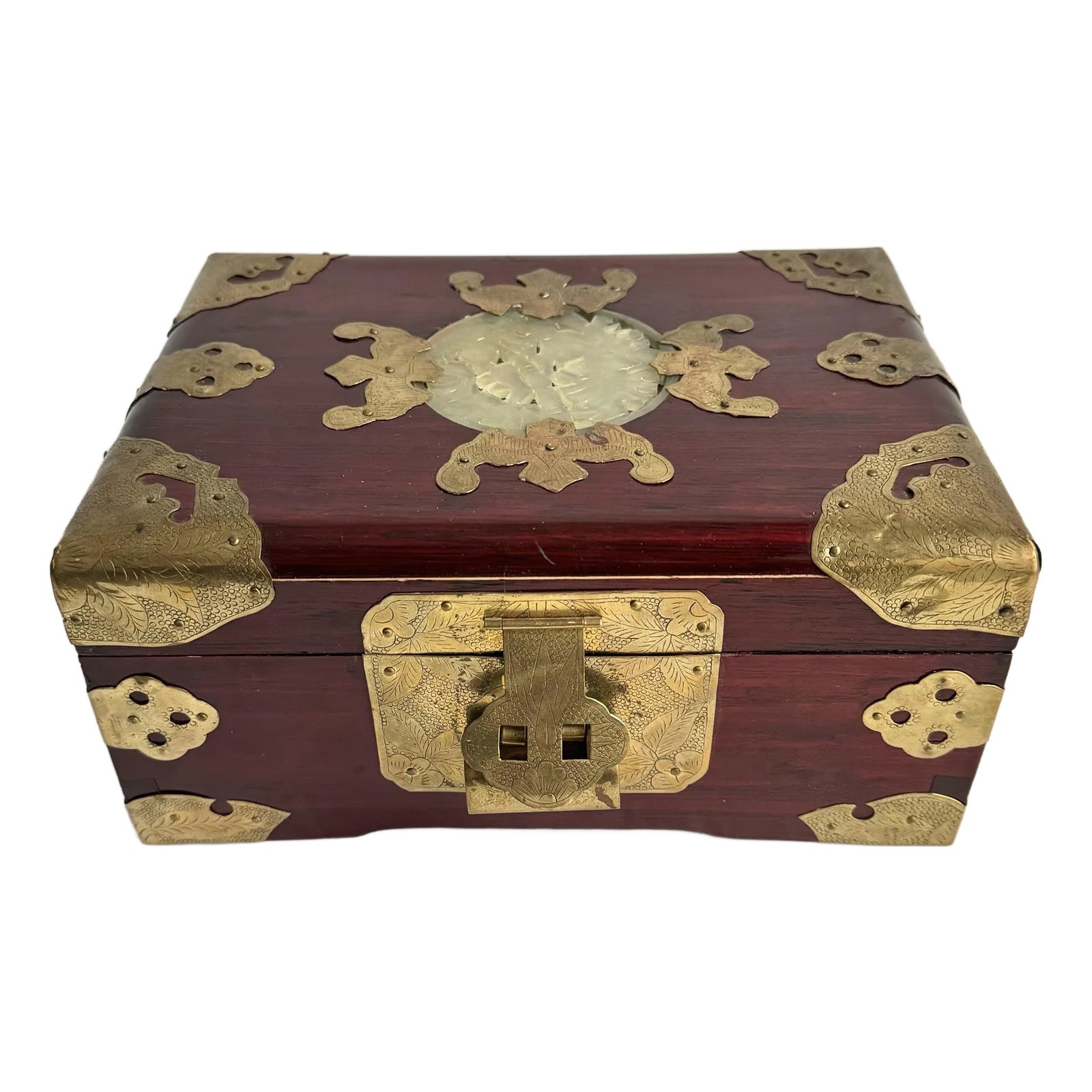 Rosewood Jewelry Box Brass Carved Jadeite Asian Chinoiserie Medallion ...