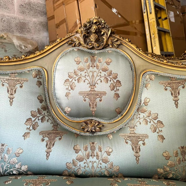 French Rococo Style Light Blue Sofa With Gold Details | Chairish