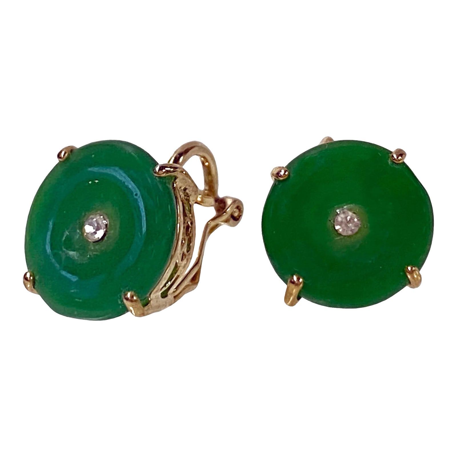 Pair Round Circle Shape Green Jade Stone Stud Earrings Clip | Chairish