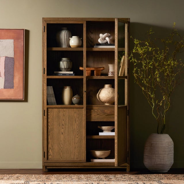 Millie Panel & Glass Door Cabinet, Drifted Oak | Chairish