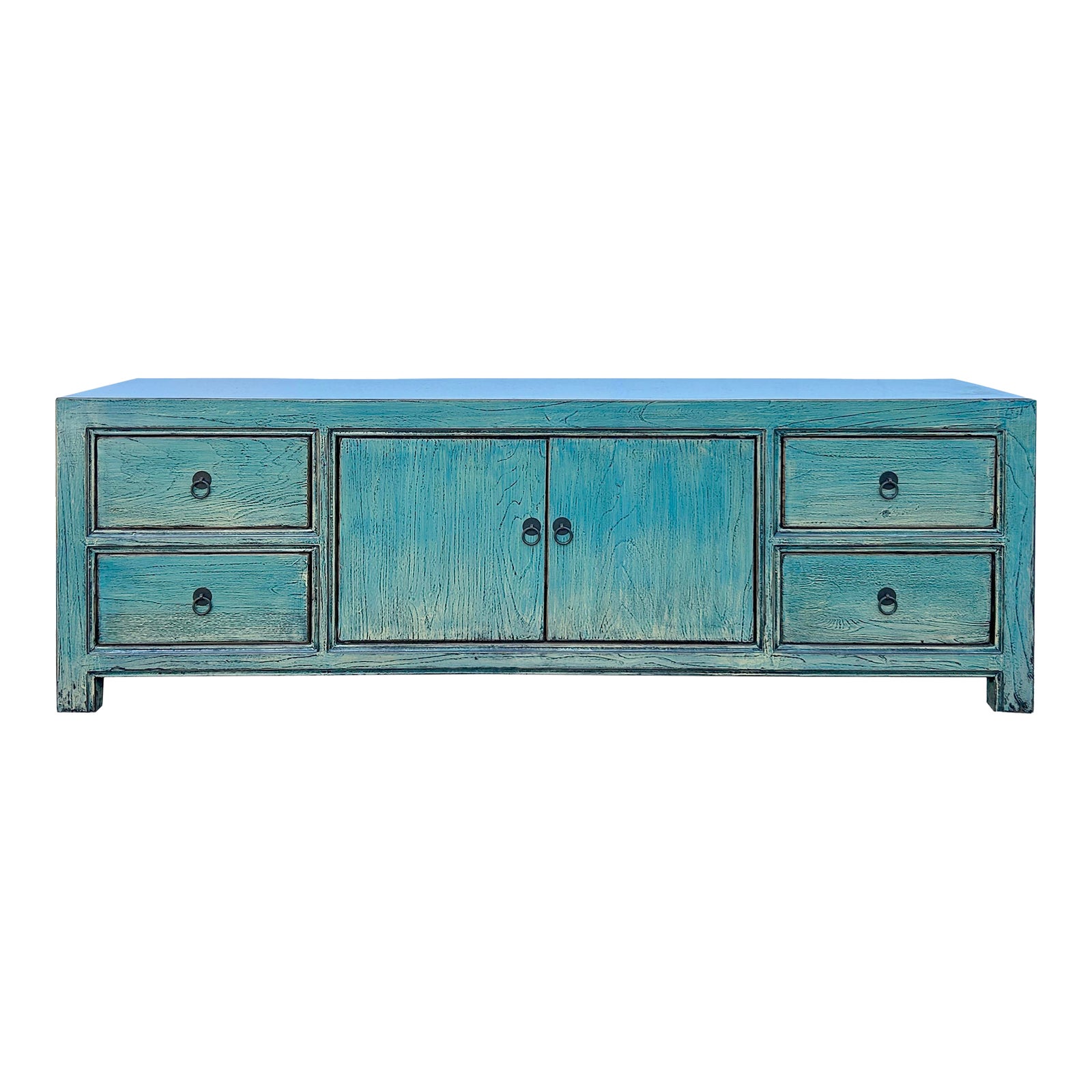 Oriental Distressed Light Turquoise Blue Low Tv Media Console Cabinet ...