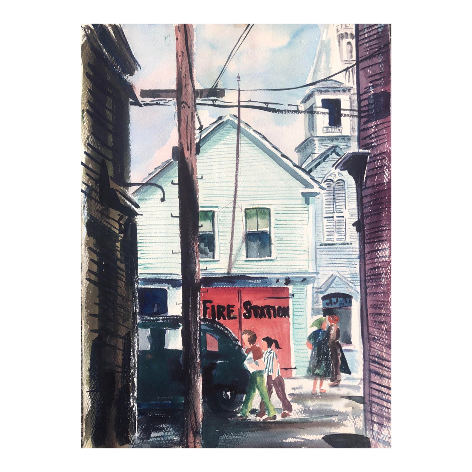 1950s Harriet Richard Dowler New England Street Scene Watercolor | Chairish