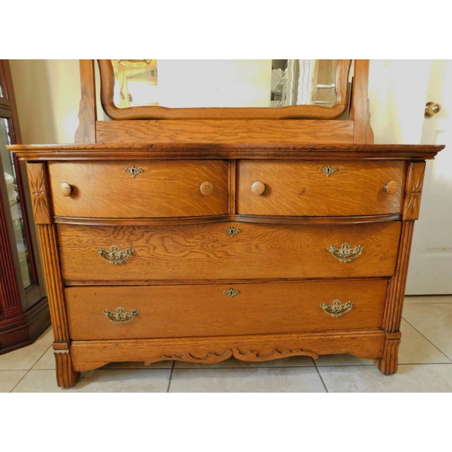 Tall Antique Circa 1900 Solid Oak Carved Wood Dresser and Swing Mirror Set Casegoods Storage
