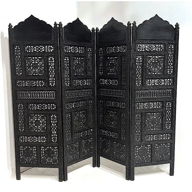 Old Intricately Carved Openwork 4 Panel Ebony Black Oak Floor Screen ...