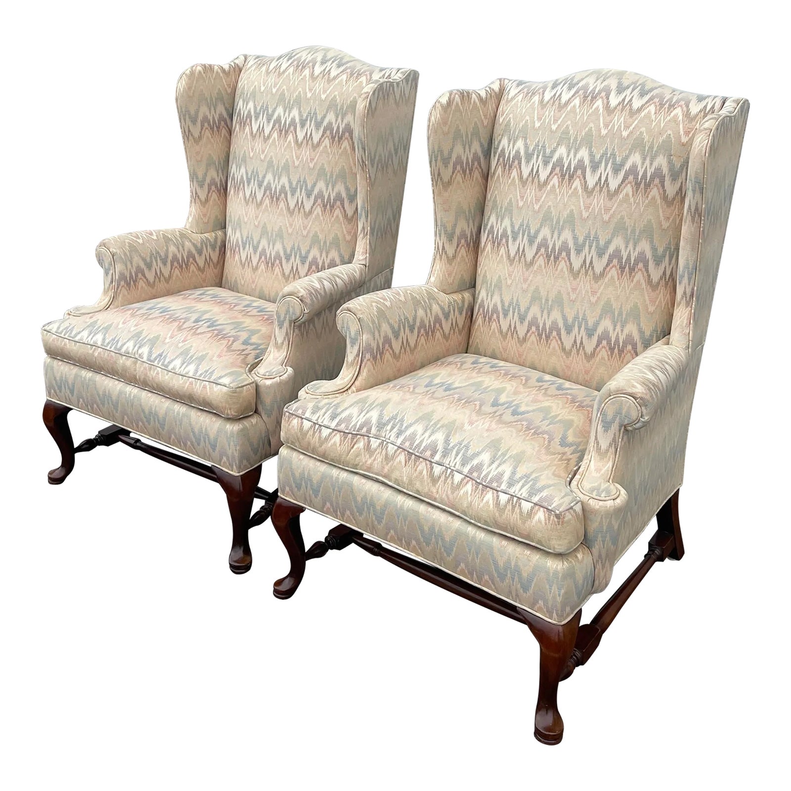 Vintage Hickory Chair Queen Anne Cherry & Flame Stitch Wingback Lounge ...