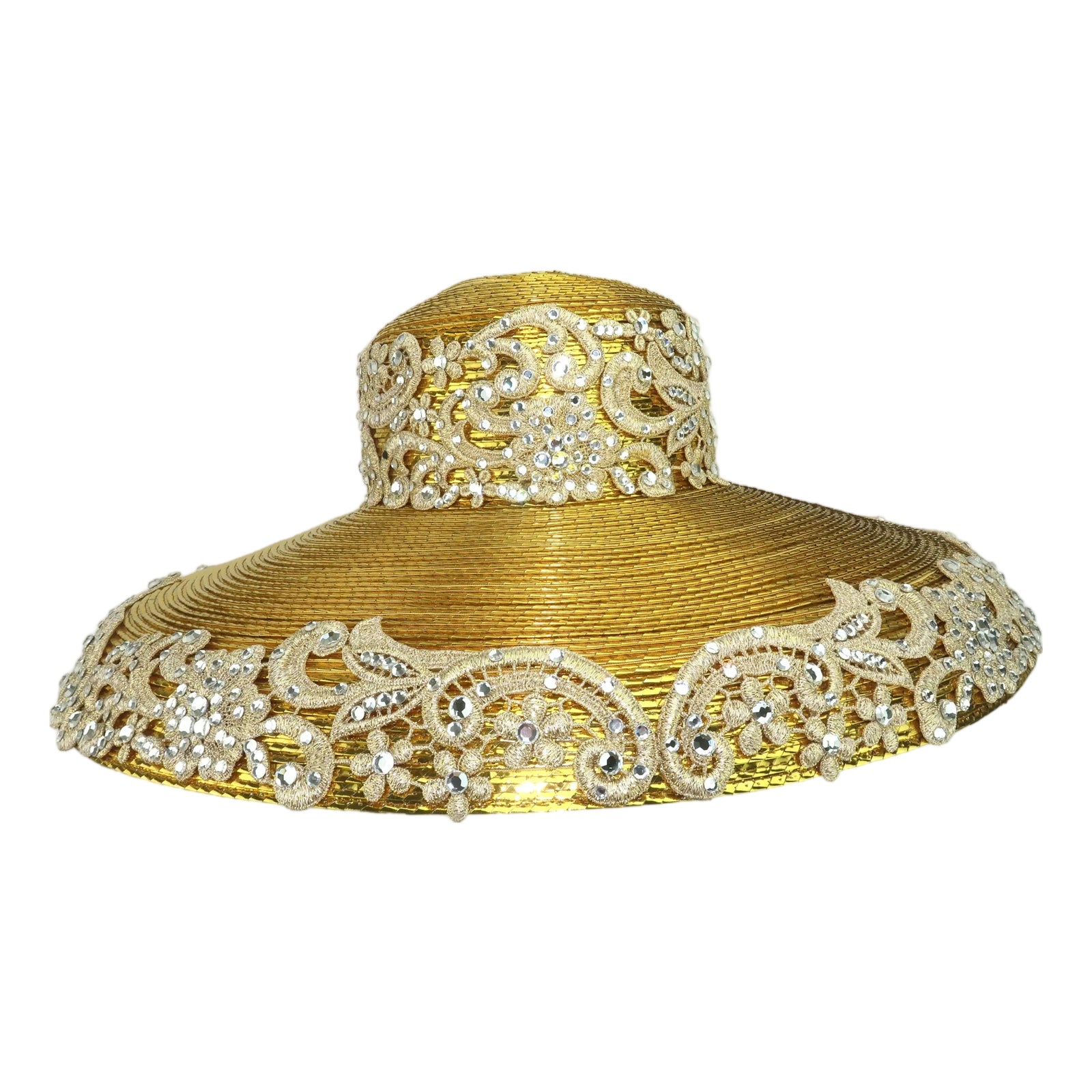 Frank Olive Gold Straw, Lace & Rhinestone Wide Brimmed Hat, 1980's ...
