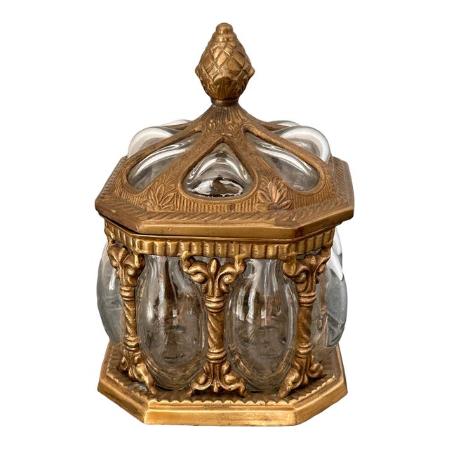 Vintage Hand Blown Bubble Glass and Brass Lidded Apothecary Jar | Chairish