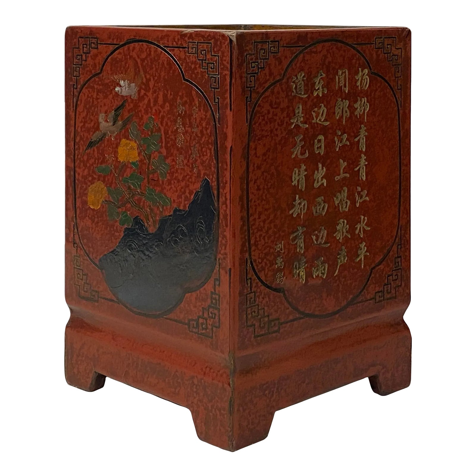 Distressed Brick Red Flowers Graphic Rhombus Shape Wood Holder | Chairish