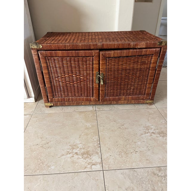 1970s Chinoiserie Handwoven Wicker and Brass Two-Door Storage Trunk 2 ...