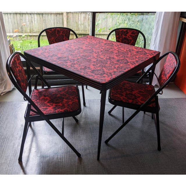 1970s Folding Card Table with Upholstered Chairs - Set of 5 | Chairish