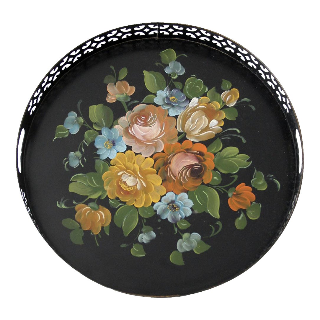Vintage Hand Painted Floral Tole Tray | Chairish