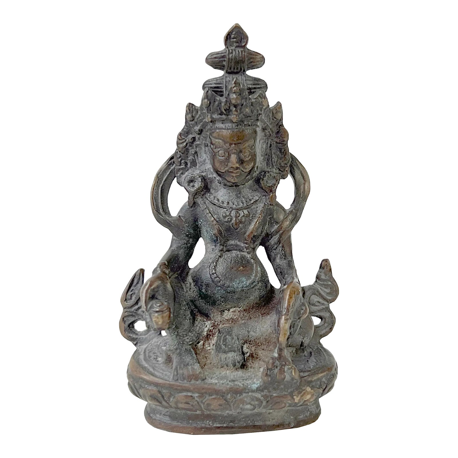 Distressed Marks Bronze Color Metal Zambala Fortune Deity Statue | Chairish