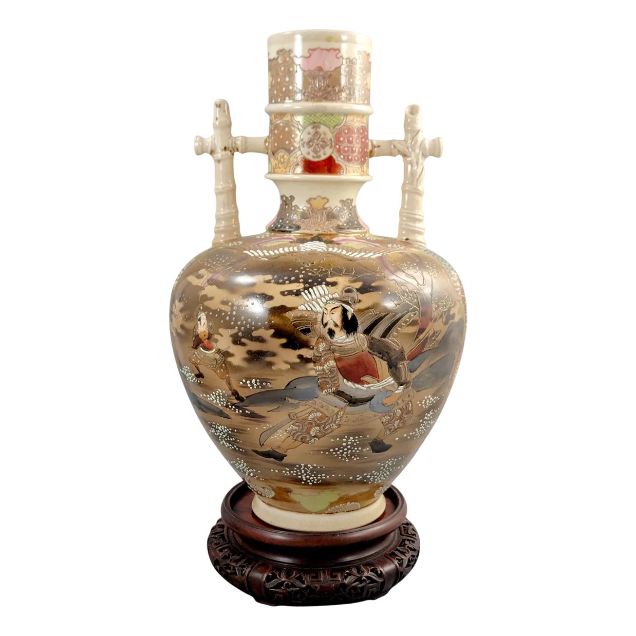 Large Meiji Satsuma Samurai Vase with Bamboo Handles by Kinkozan, 1870s ...