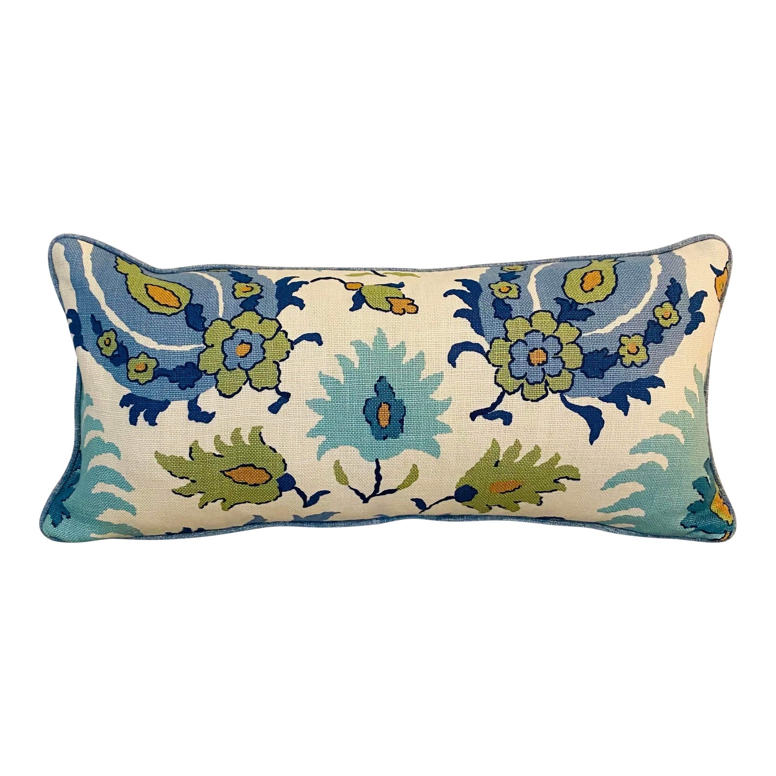 Brunschwig & Fils Kashmiri Ikat Aquamarine Peridot Linen Lumbar Pillow ...