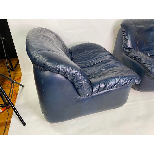 Pair Mid Century Blue Leather Matching Pod Style Chairs | Chairish