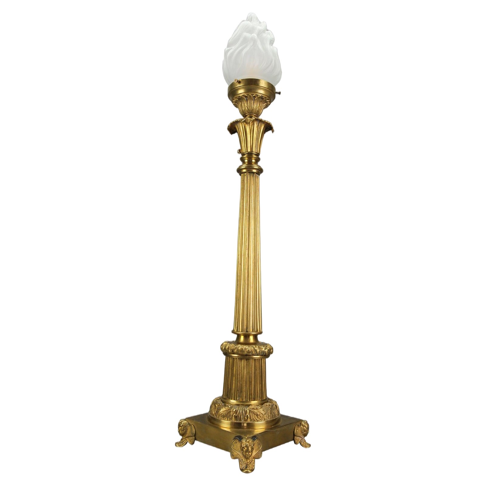 French Bronze and Frosted Glass Fluted Column Table Lamp, 1920s | Chairish