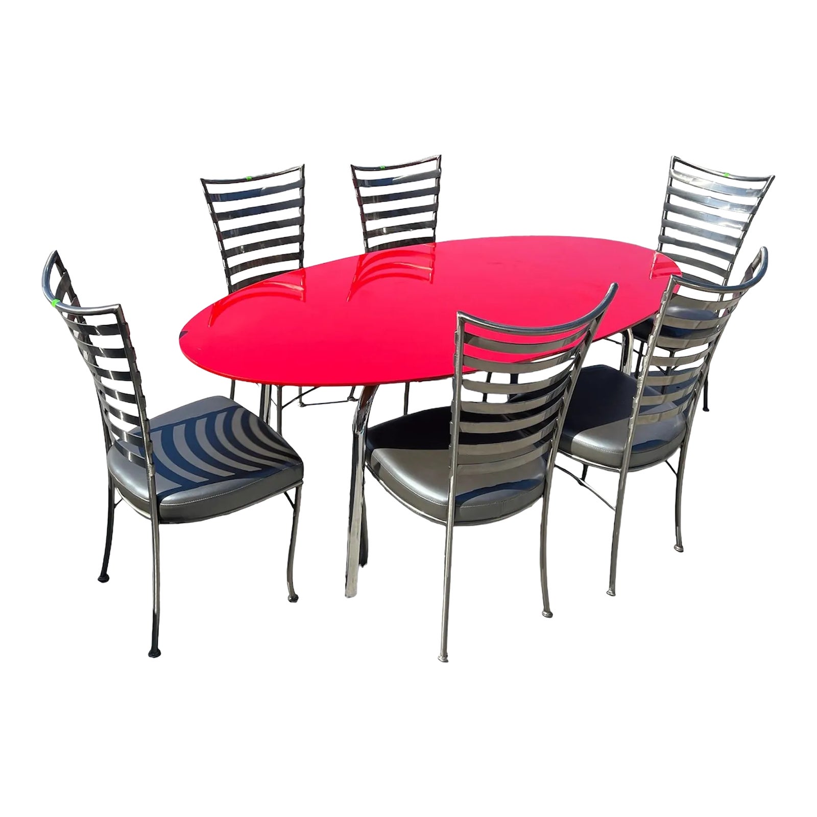 Vintage Cantoni Red Lacquer & Chrome Oval Dining Table Set With Chairs ...
