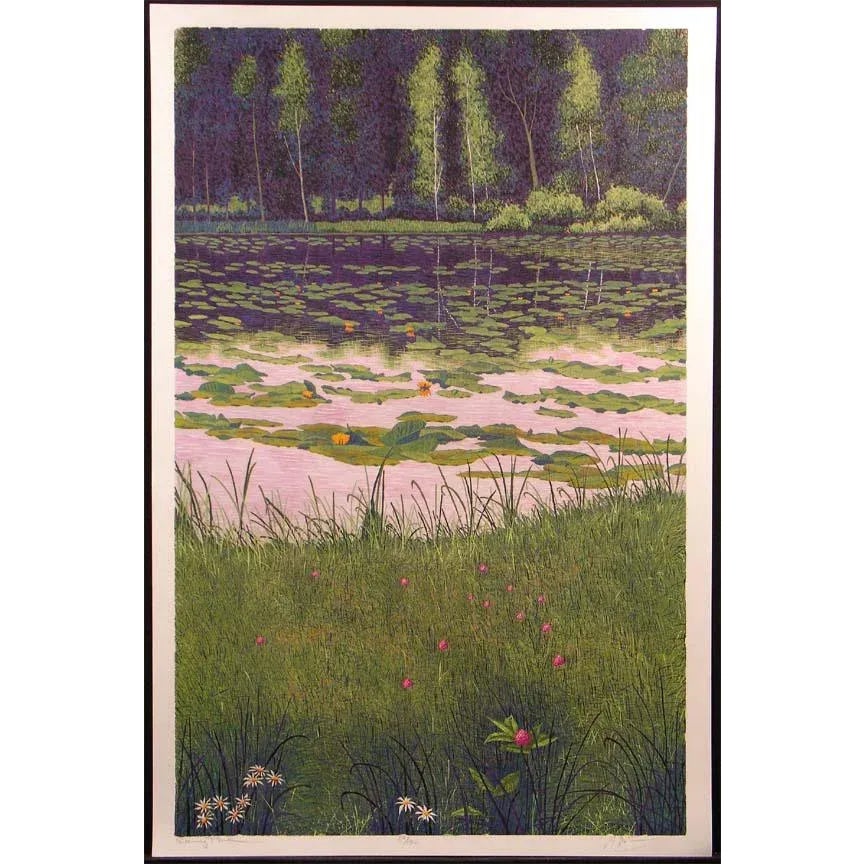 Gordon Mortensen "Evening Pond" Signed Waterlilies Woodcut | Chairish