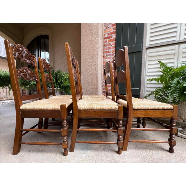 Set 6 Vintage English Dining Side Chairs Carved Oak Rush Seat Yorkshire ...
