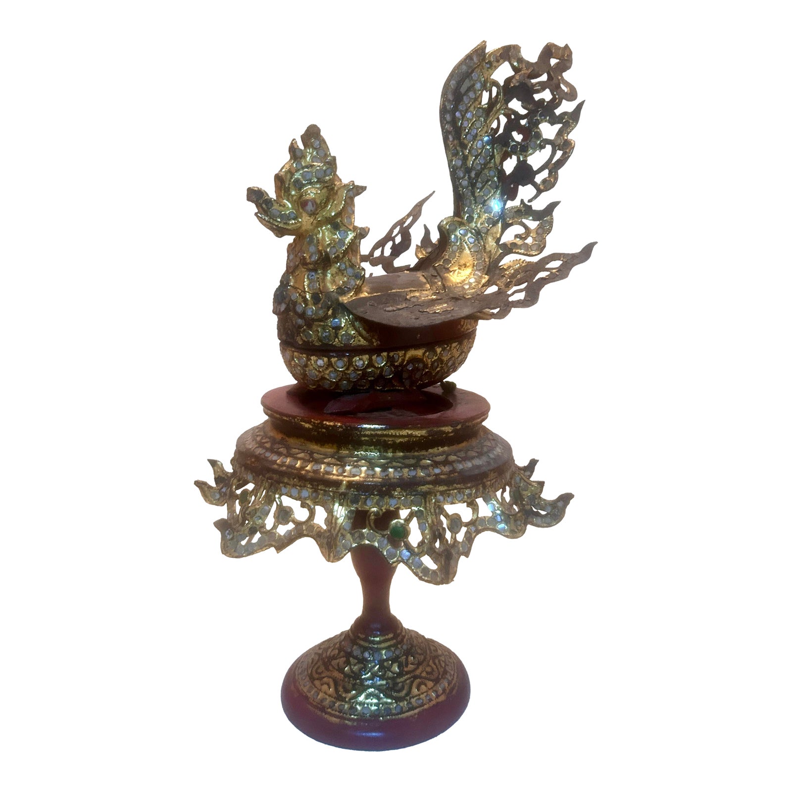 Antique Burmese Hintha Bird-Shaped Betel Gold Lacquered Box on Offering Stand - 3 Pieces | Chairish