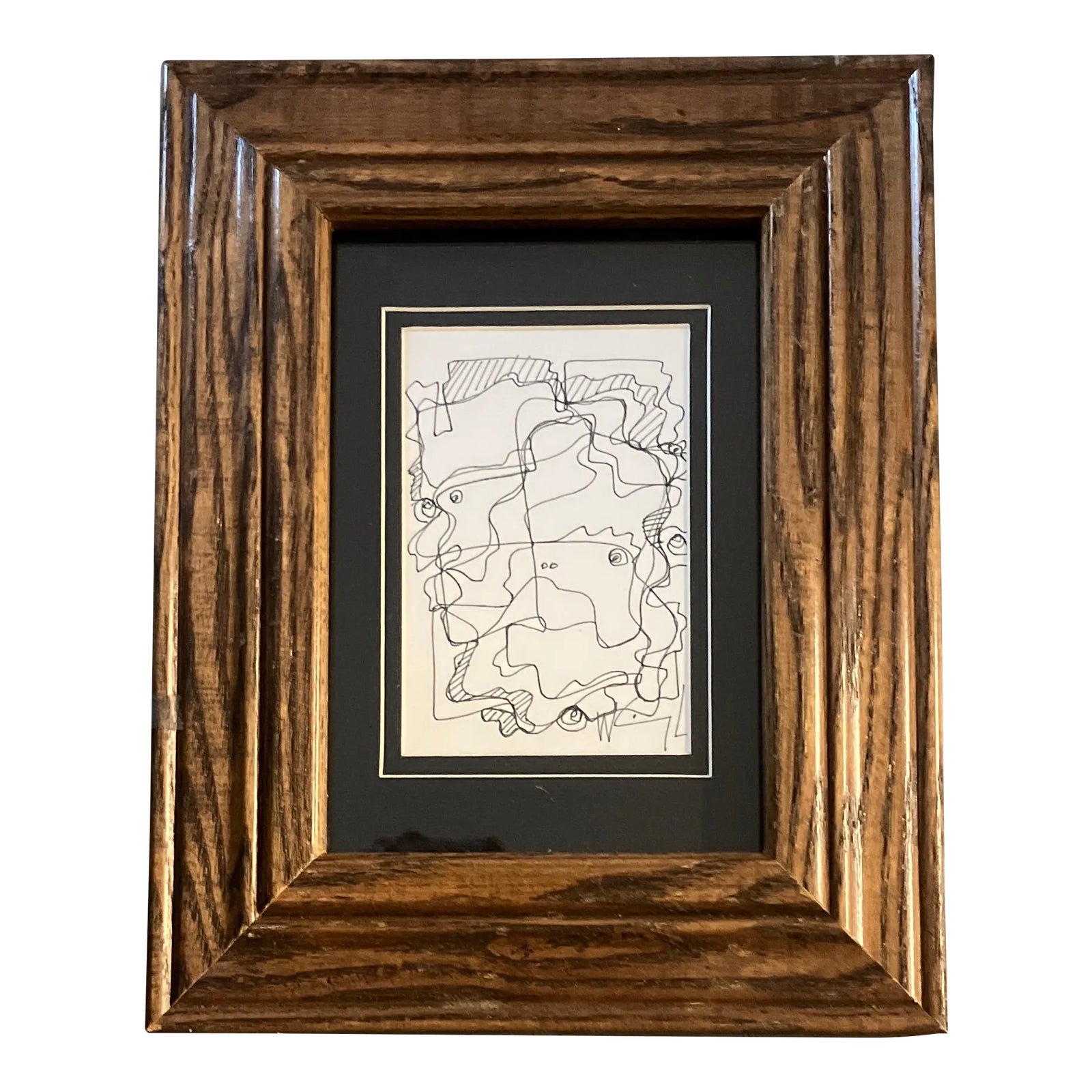 1980’s Original Wayne Cunningham Small Abstract Ink Drawing Oak Frame ...