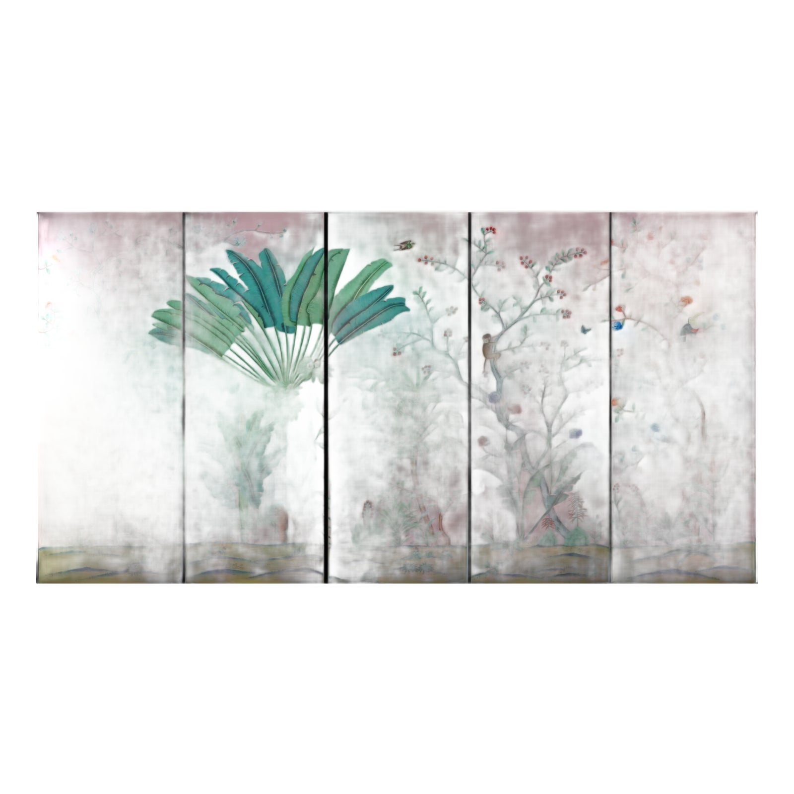 Pink Chinoiserie Mural Hand Painted Wallpapers - 5 Panels | Chairish