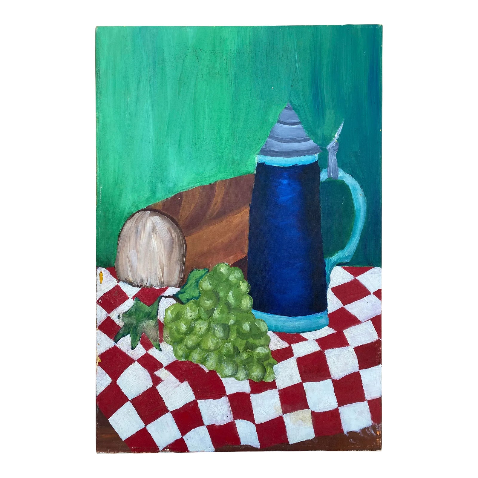 Midcentury Modern Original Painting of Still Life on Checkered Cloth ...